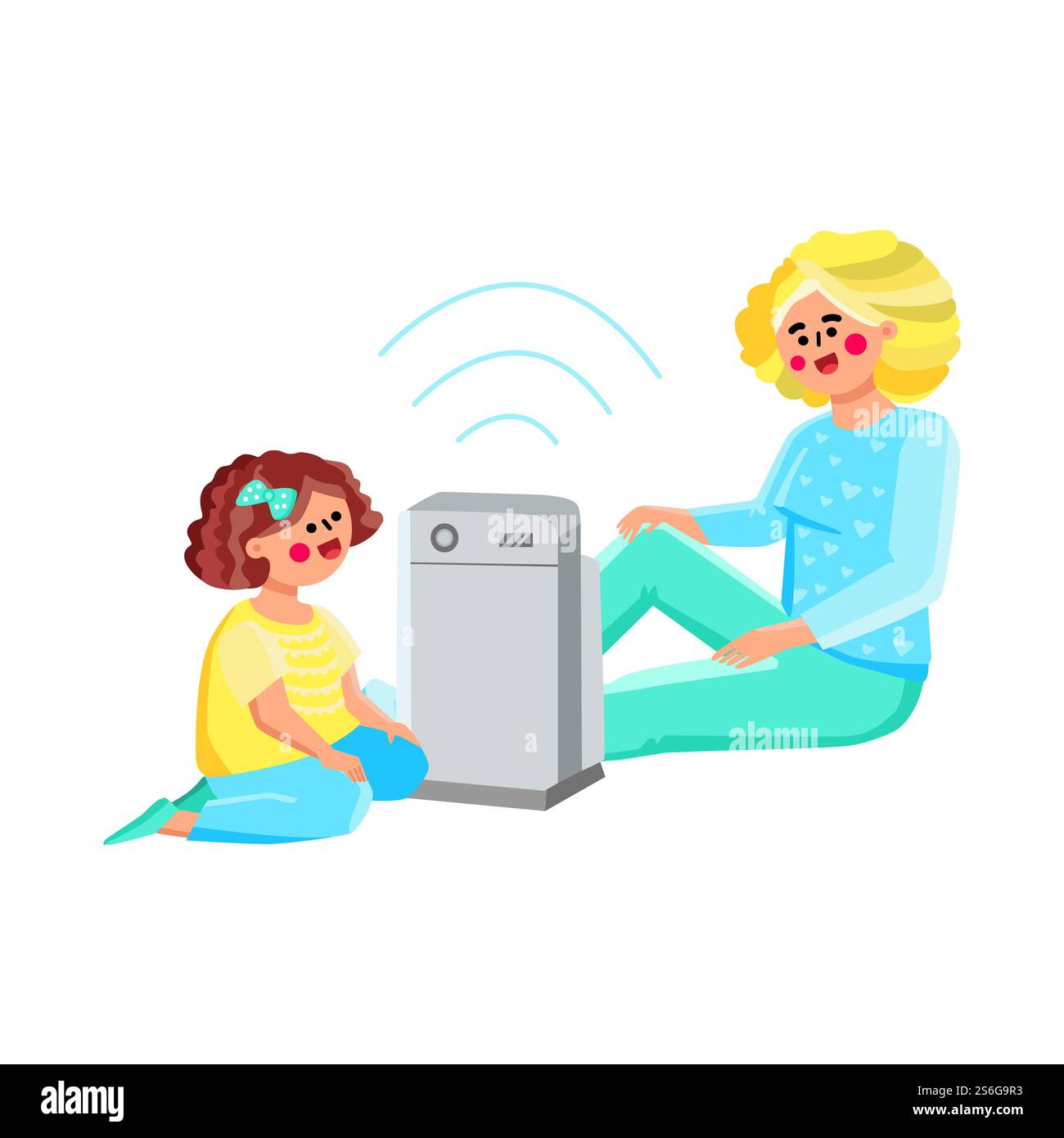 Air Purifier Cleaning And Wetting Gadget Vector. Woman And Little Girl ...