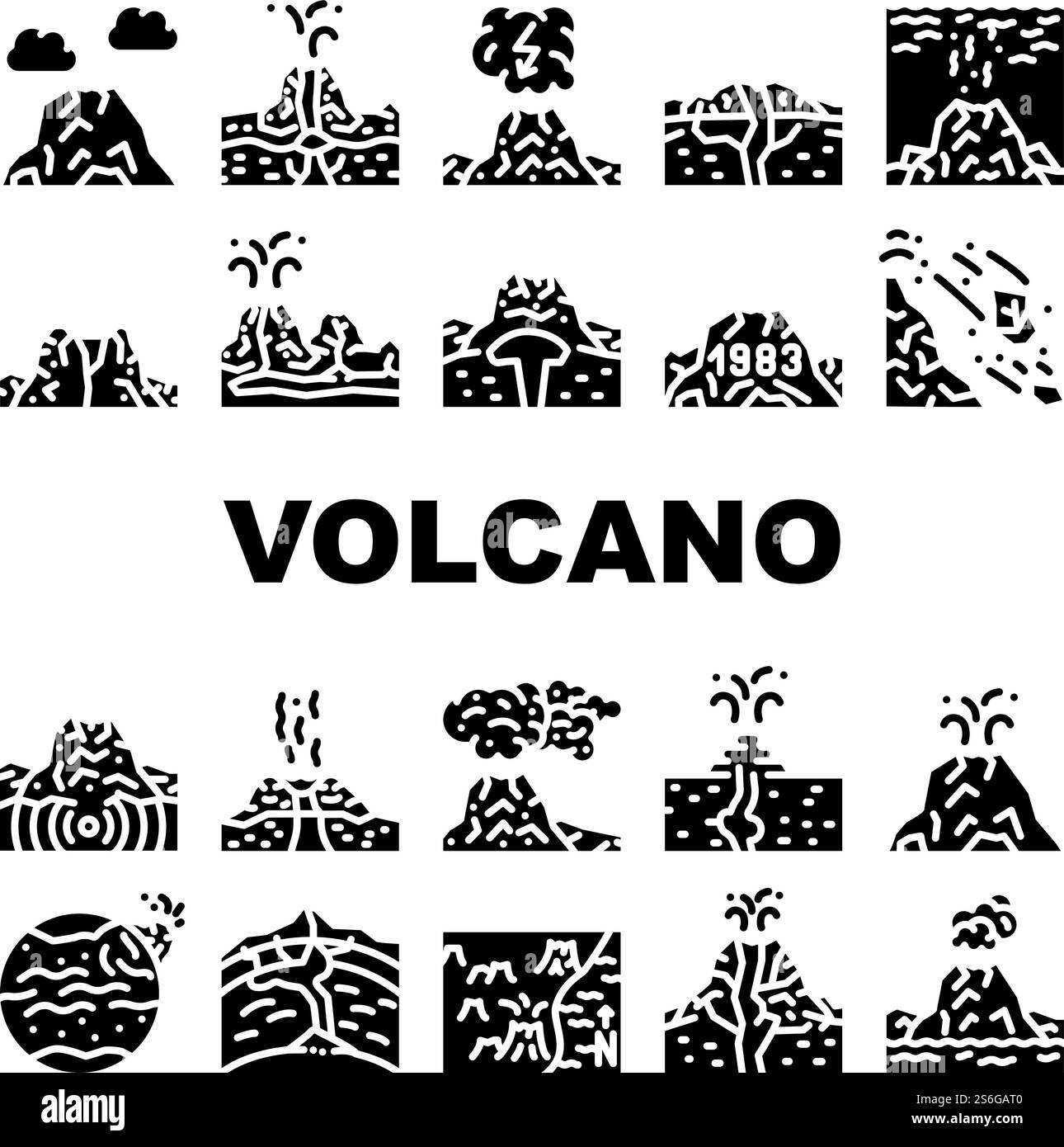 Volcano Lava Eruption Collection Icons Set Vector. Volcano Under Water ...