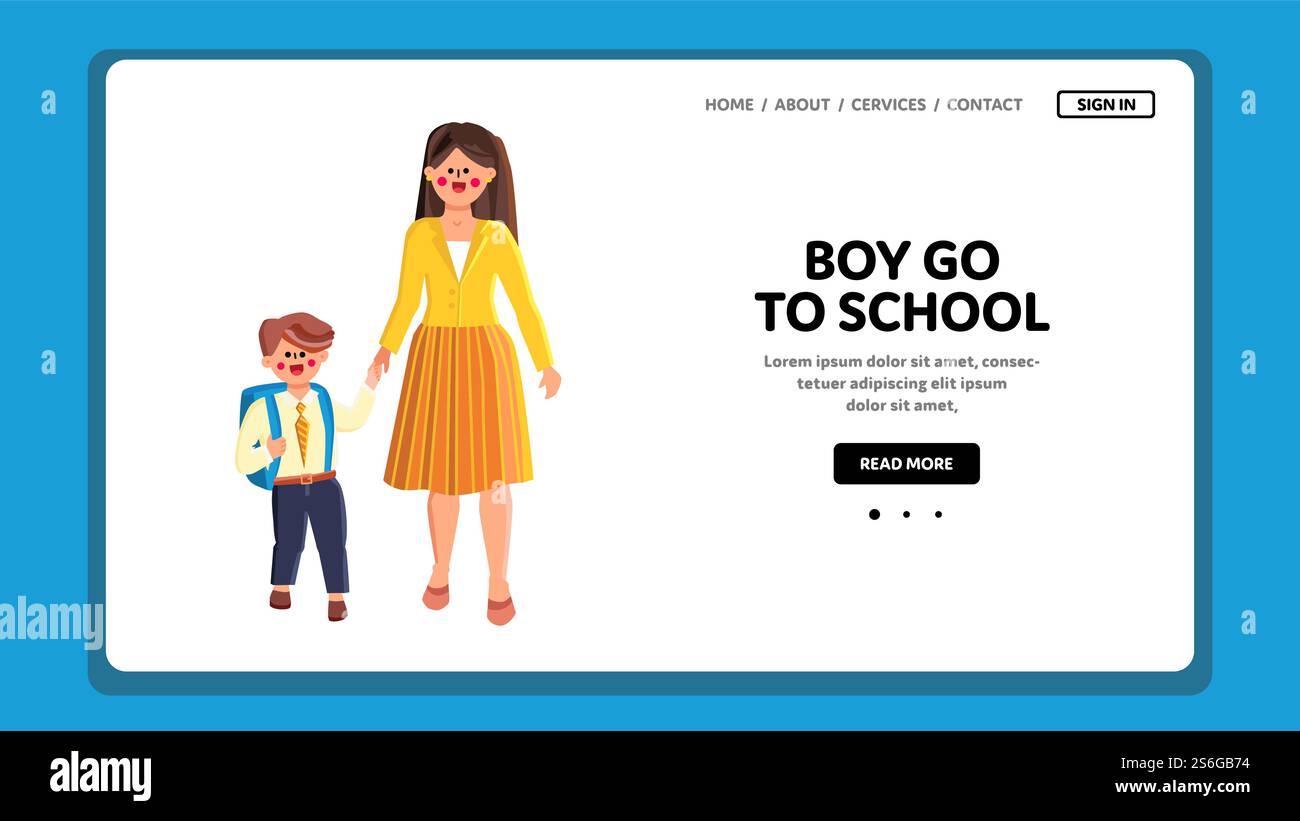 Boy Go To School Elementary With Backpack Vector. Cute Small Schoolboy ...
