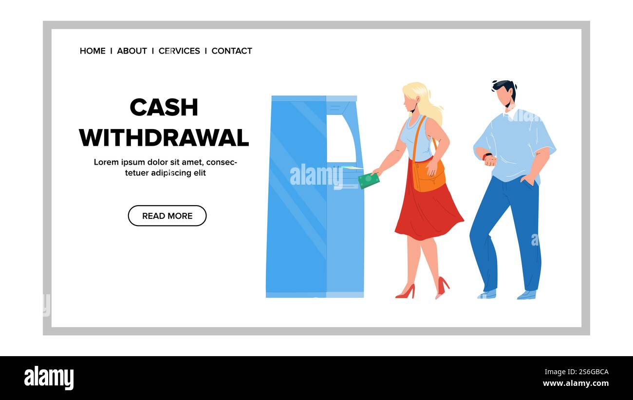 Cash Withdrawal From Atm With Credit Card Vector. Young Girl Cash ...