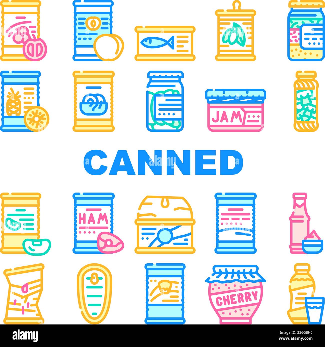 Canned Food Nutrition Collection Icons Set Vector. Canned Peach And ...
