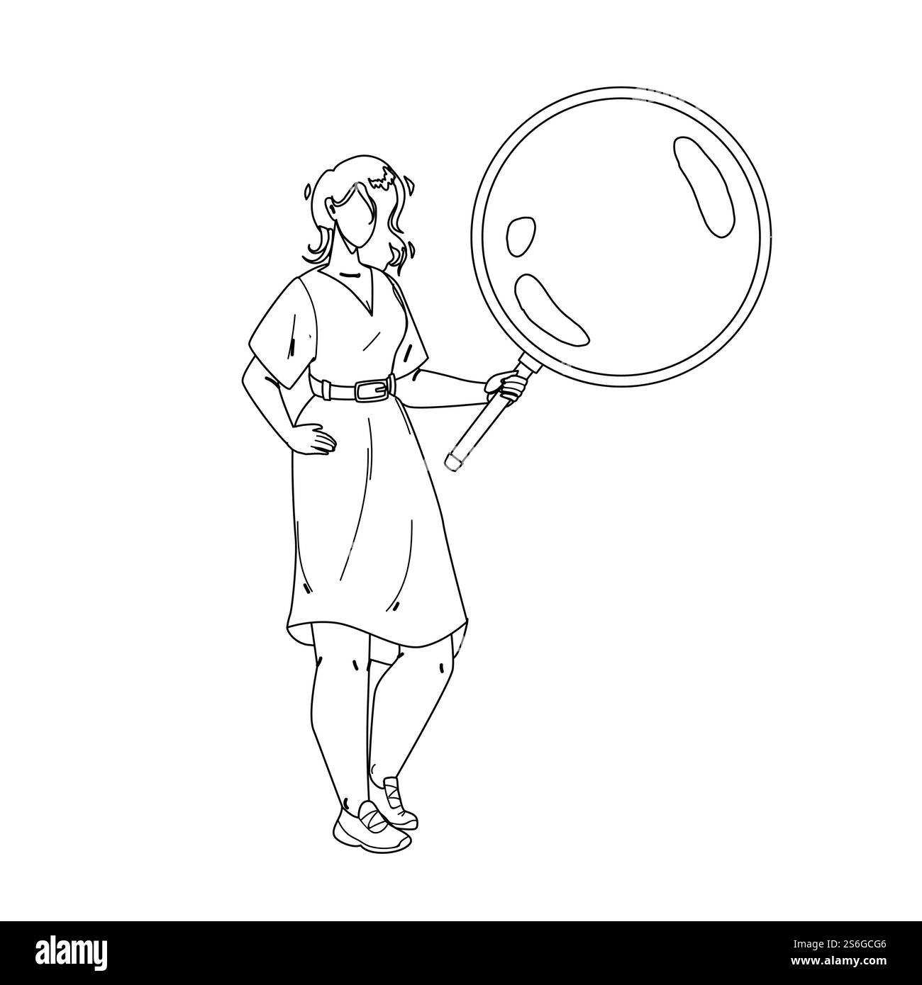 Girl Looking Through Magnifying Glass Tool Black Line Pencil Drawing ...