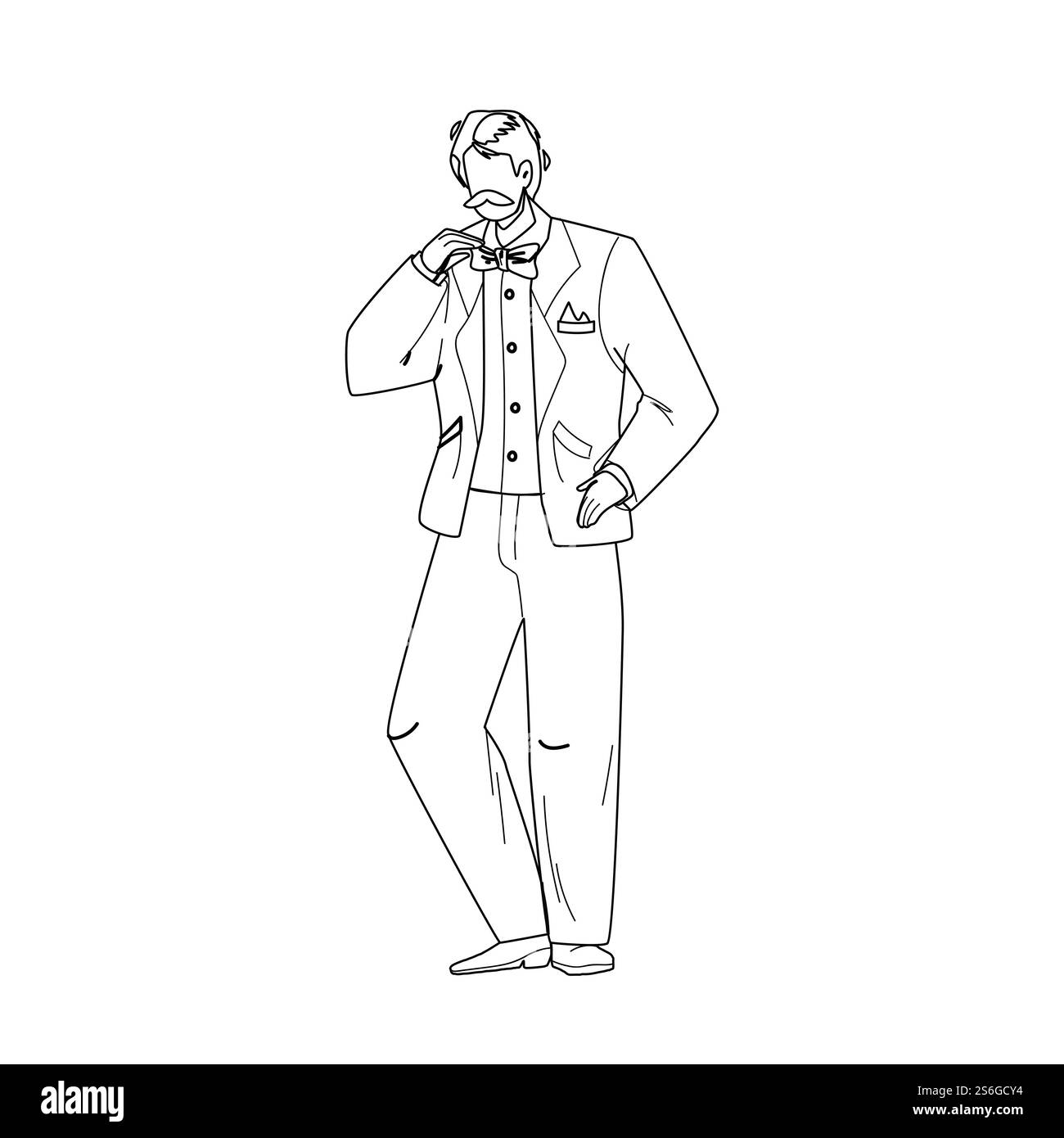 Tuxedo And Butterfly Tie Wearing Young Man Black Line Pencil Drawing ...
