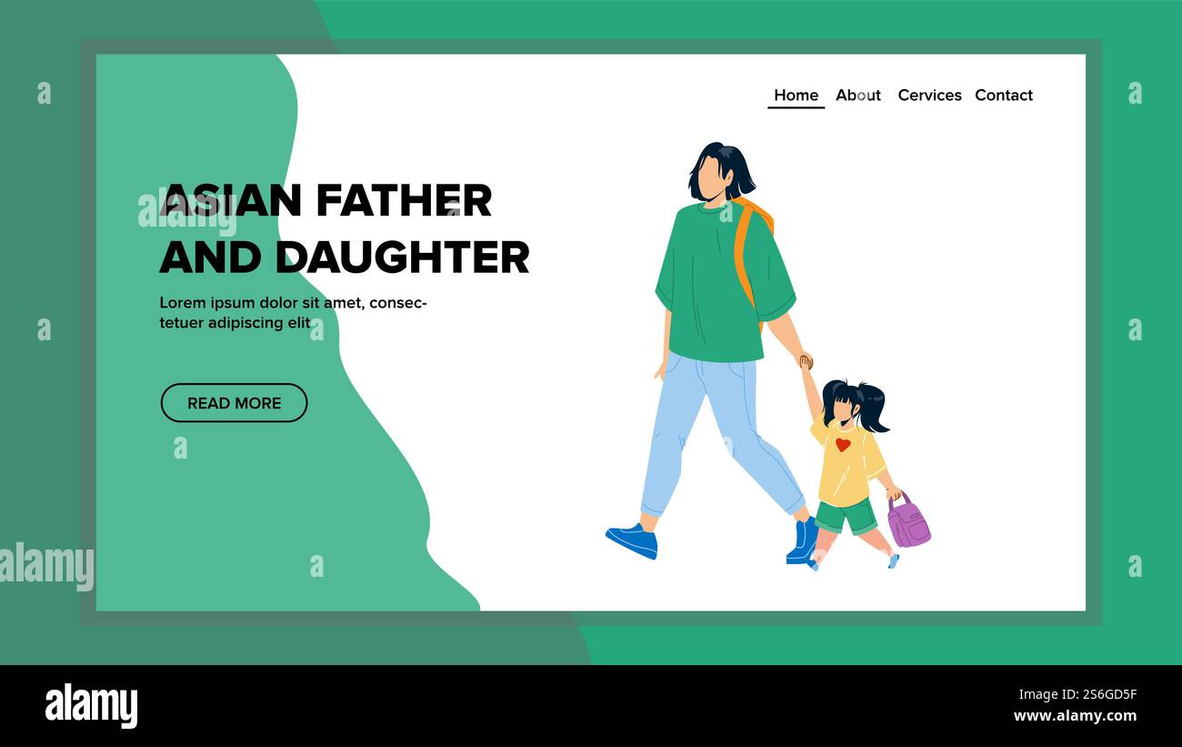 Asian Father And Daughter Walking Together Vector. Asian Father And ...