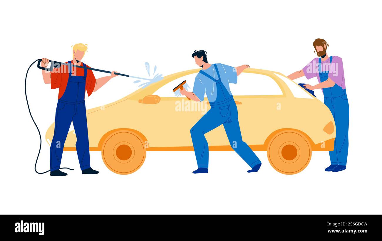Car Wash Service Workers Washing Automobile Vector. Car Wash Station ...