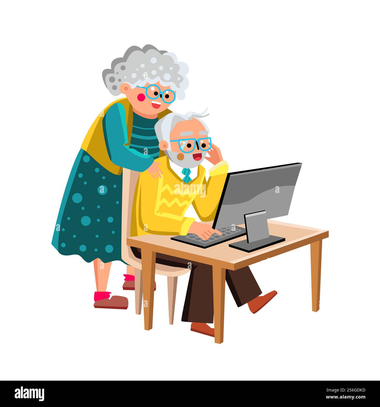 Grandma And Grandpa Working On Computer Vector. Grandma And Grandpa ...