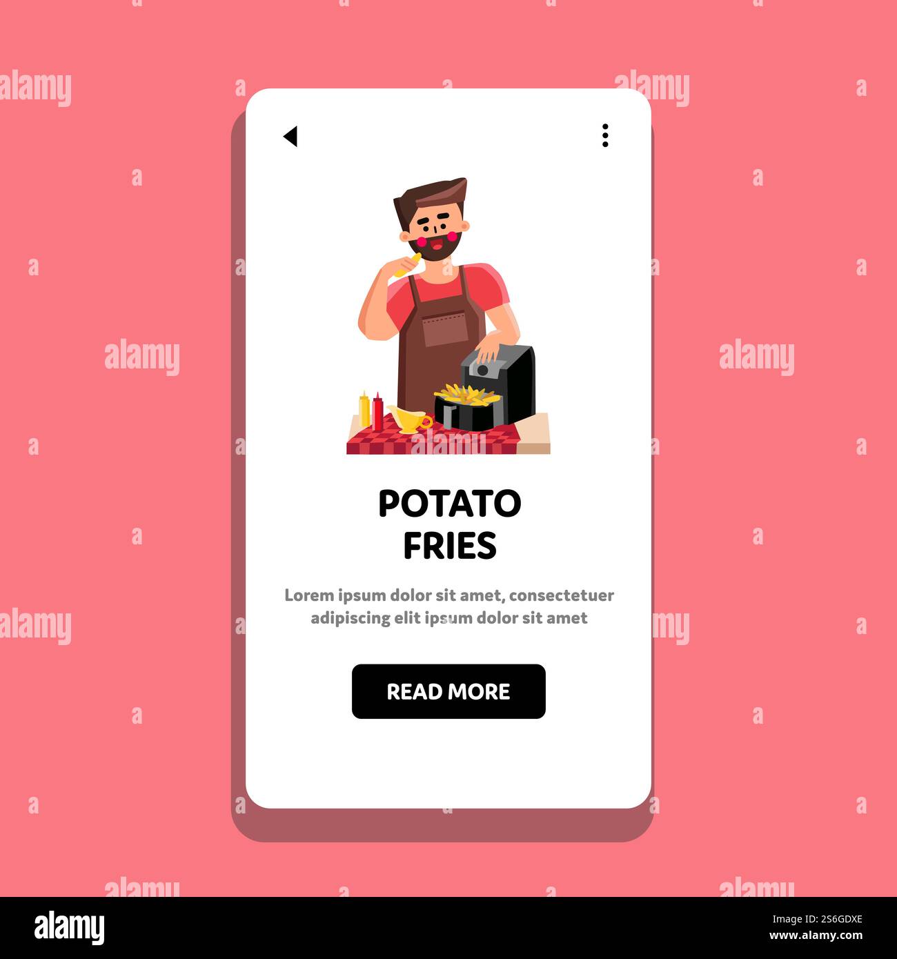 Potato Fries Cooking Chef In Air Fryer Vector. Young Man Eating Cooked ...