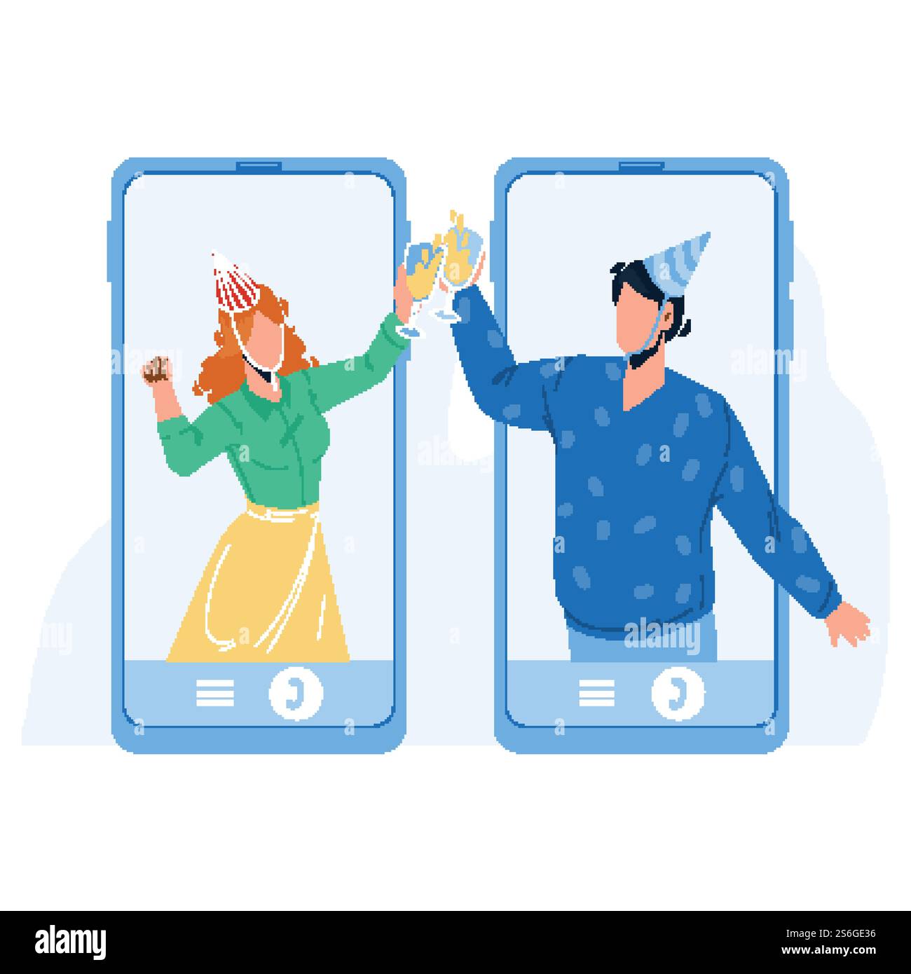 Online Celebrating Birthday Friends Couple Vector. Young Man And Woman ...