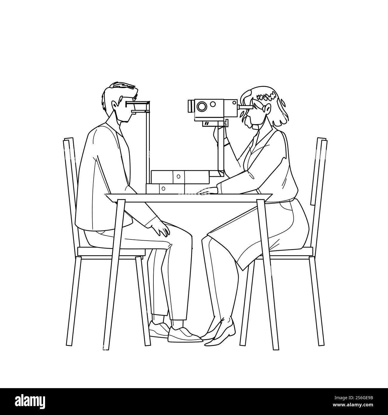 Eye Checking Patient In Doctor Cabinet Black Line Pencil Drawing Vector ...
