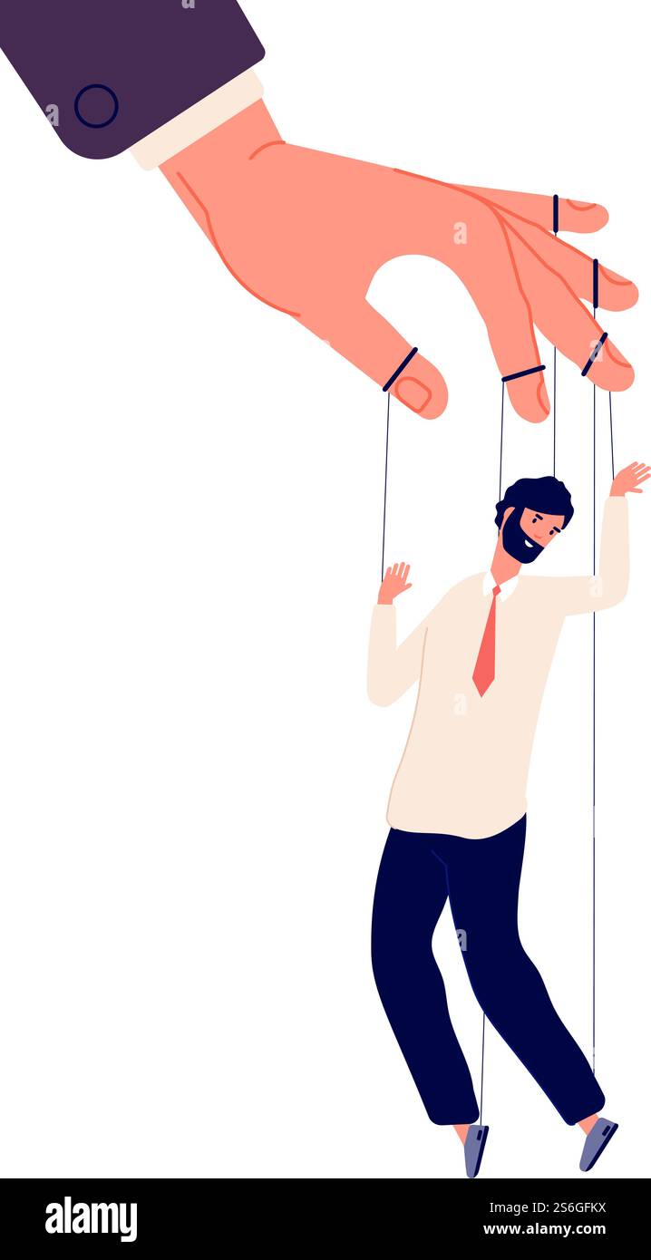 Puppet businessman. Manipulating human, hand control marionette. Politics, dictator manipulator ...