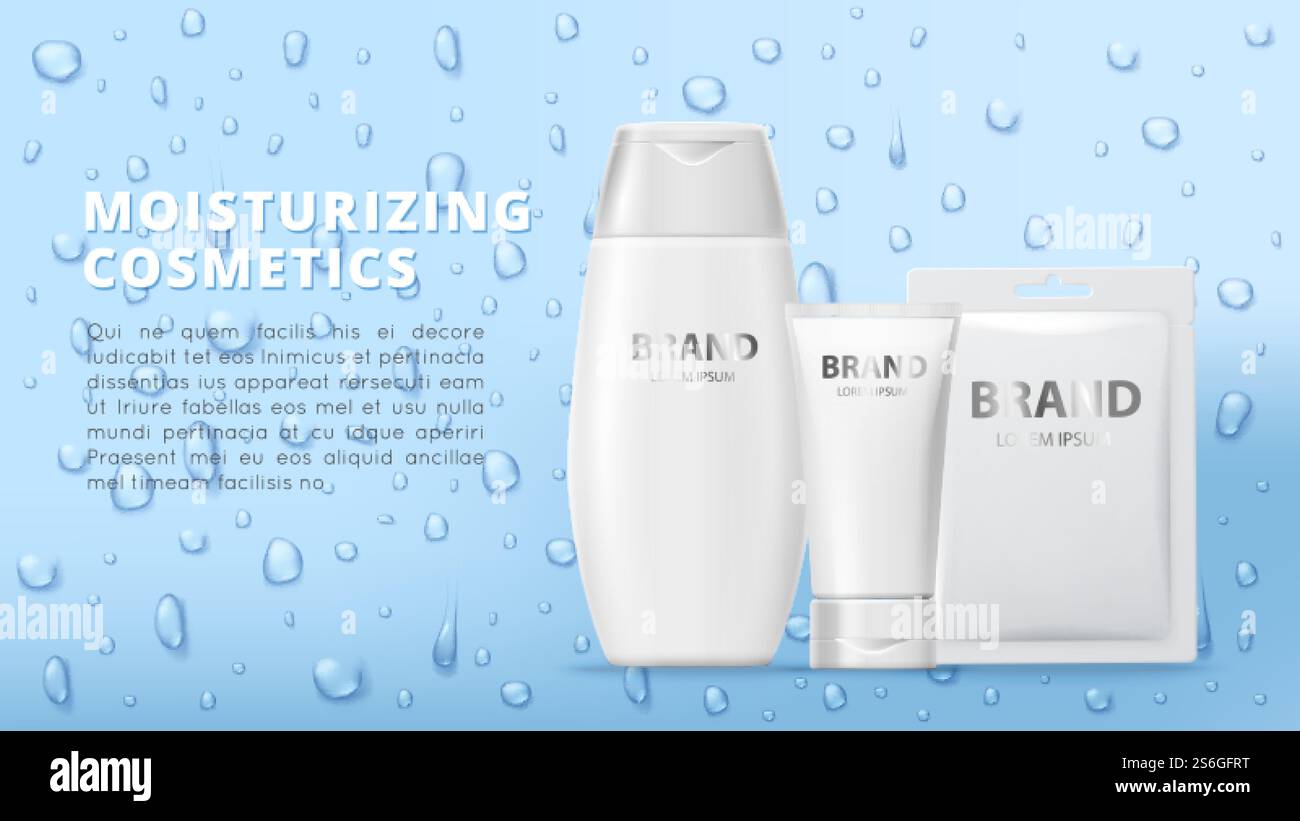 Moisturizing cosmetics. Cream tubes, mask patch and realistic water ...