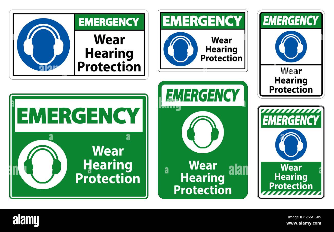 Emergency Wear hearing protection sign on white background Stock Vector ...