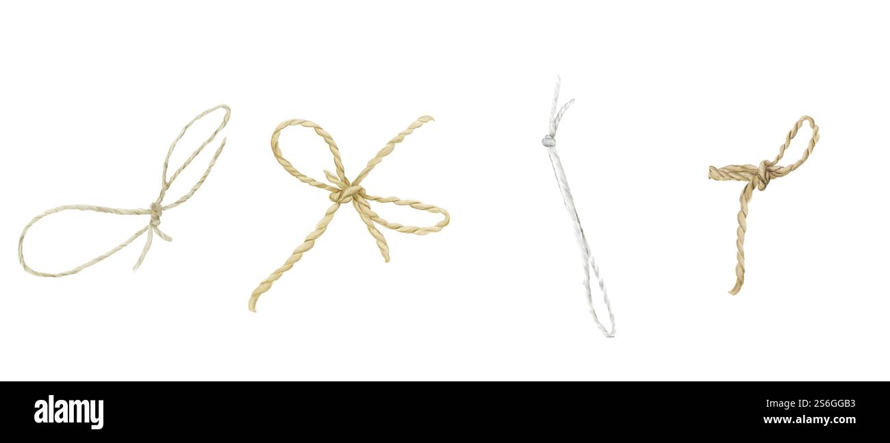 Rope, twine, string, tied bows and rope knots in set. Watercolor ...