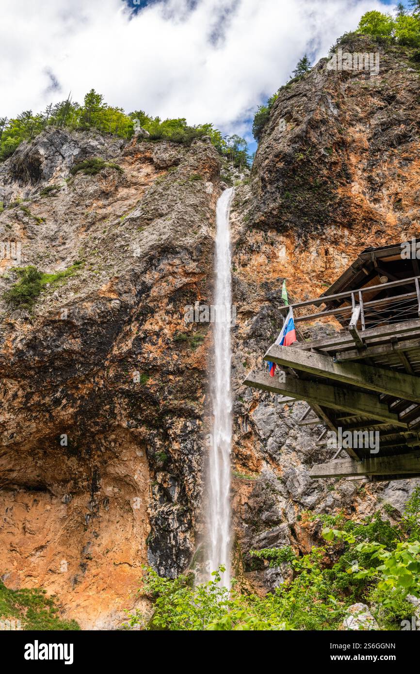 Rinka Waterfall in Slovenia Logar Valley alpine mountains Stock Photo ...