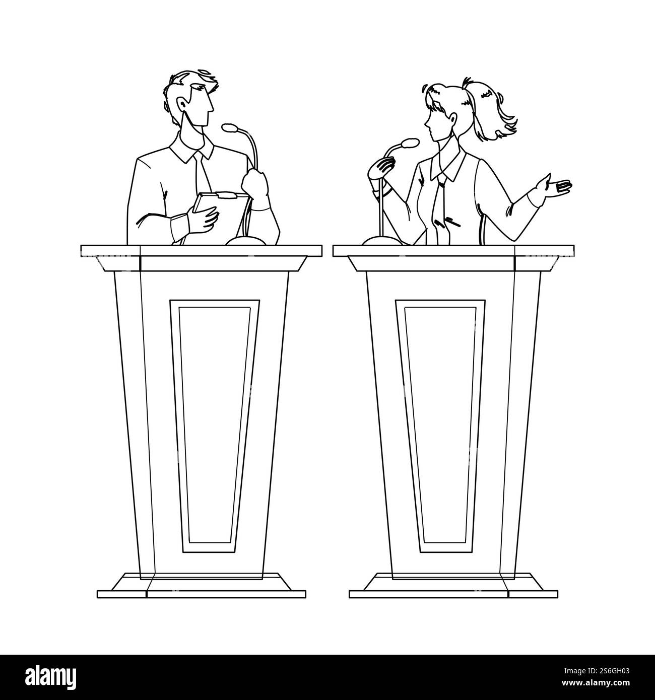 Speaker Discussing With Opponent At Tribune Black Line Pencil Drawing ...