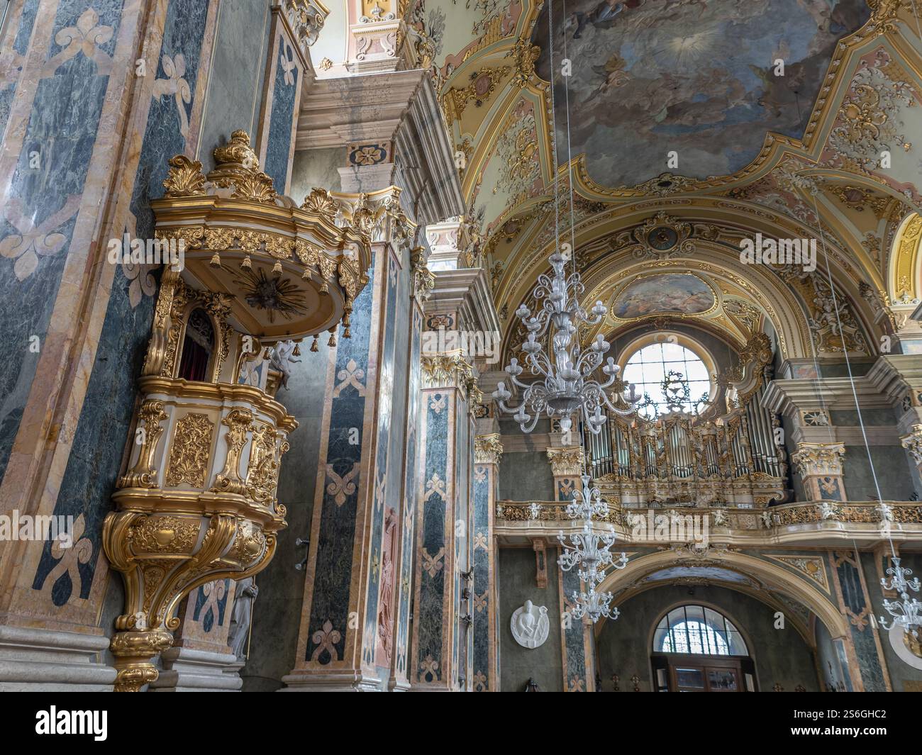 Ornate Baroque Pulpit and Organ Loft with Intricate Gold Leaf Details ...