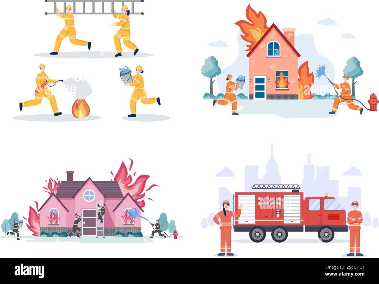 Firefighters With House Fire Engines, Helping People and Animal, Using ...