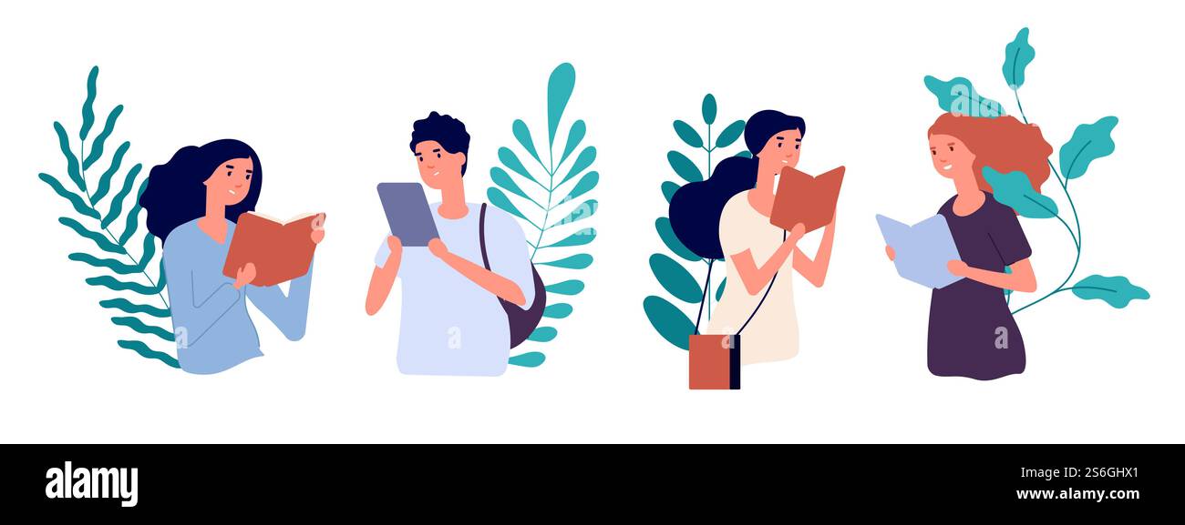 Reading people. Men women with books, students learning. Vector ...