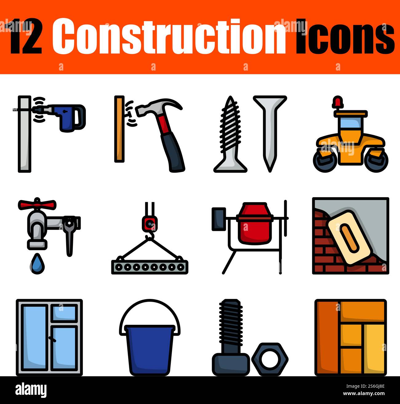 Construction Icon Set. Editable Bold Outline With Color Fill Design. Vector Illustration Stock ...