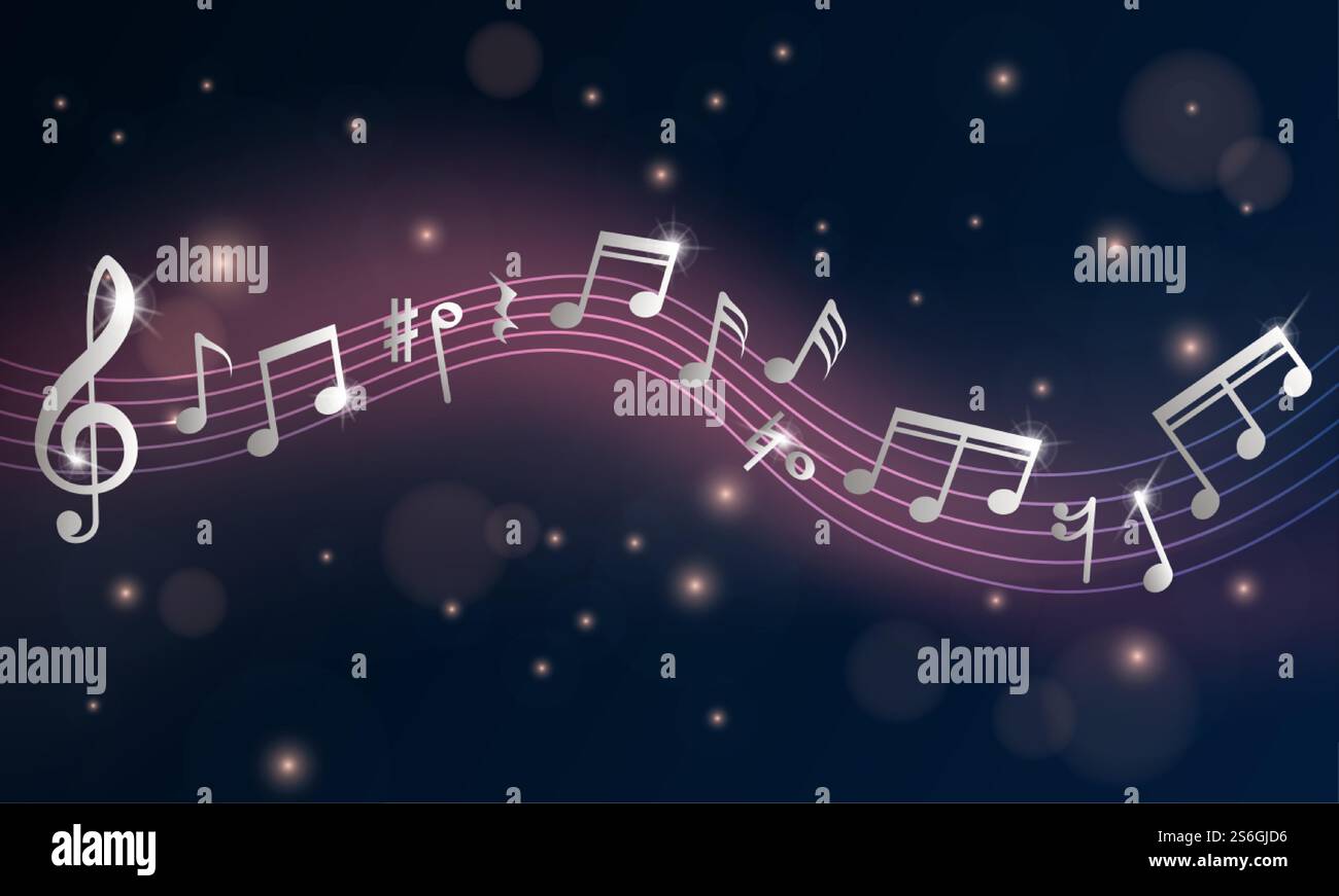 Music notes. Musical poster, silver note symphony. Piano concert or ...