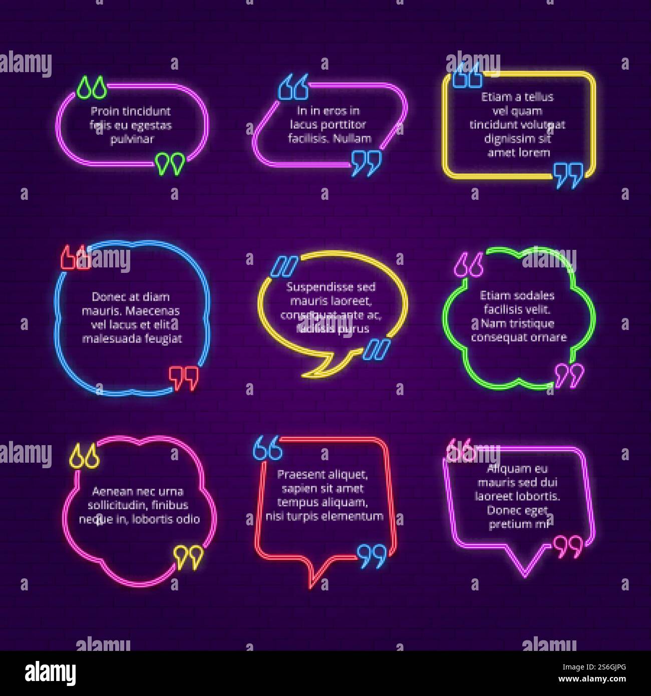 Neon text bubble. Quote frames with commas, text and direct speech ...