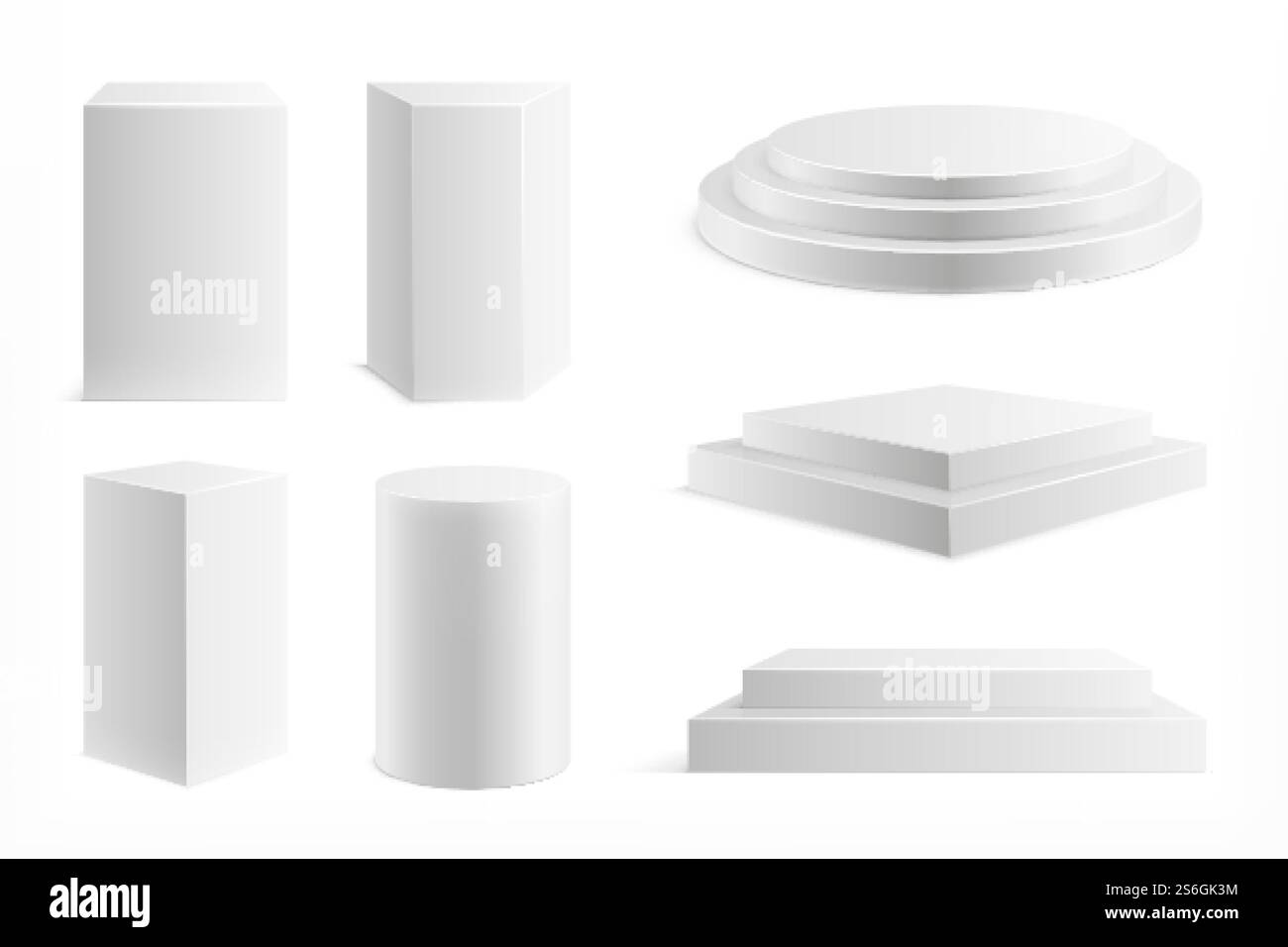 Realistic podium. Square shape showroom pedestal. Blank stand, 3d grey ...