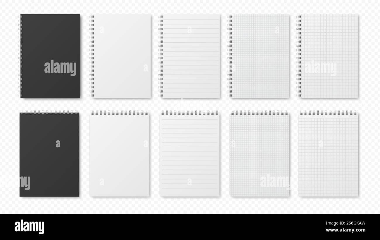 Realistic notepads. Blank sheets, open planners. Notebooks with lines ...