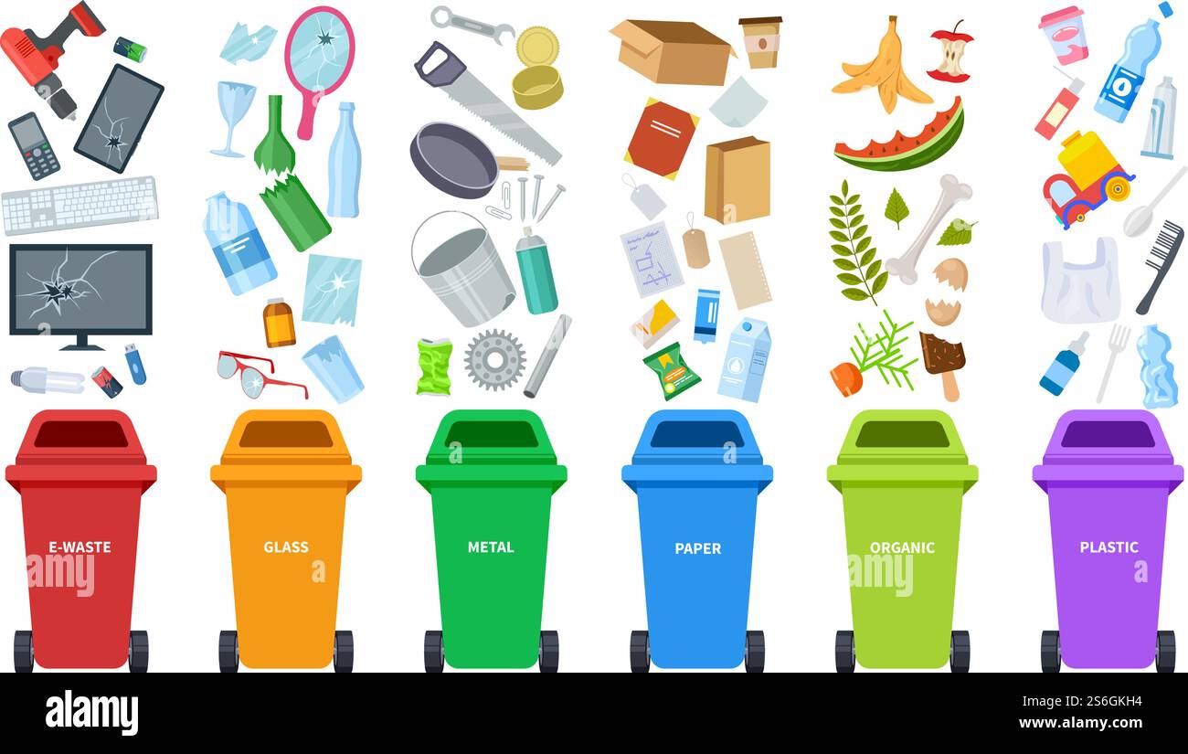 Waste bins. Flat recycling containers, bin sorting trashes. Recyclable ...
