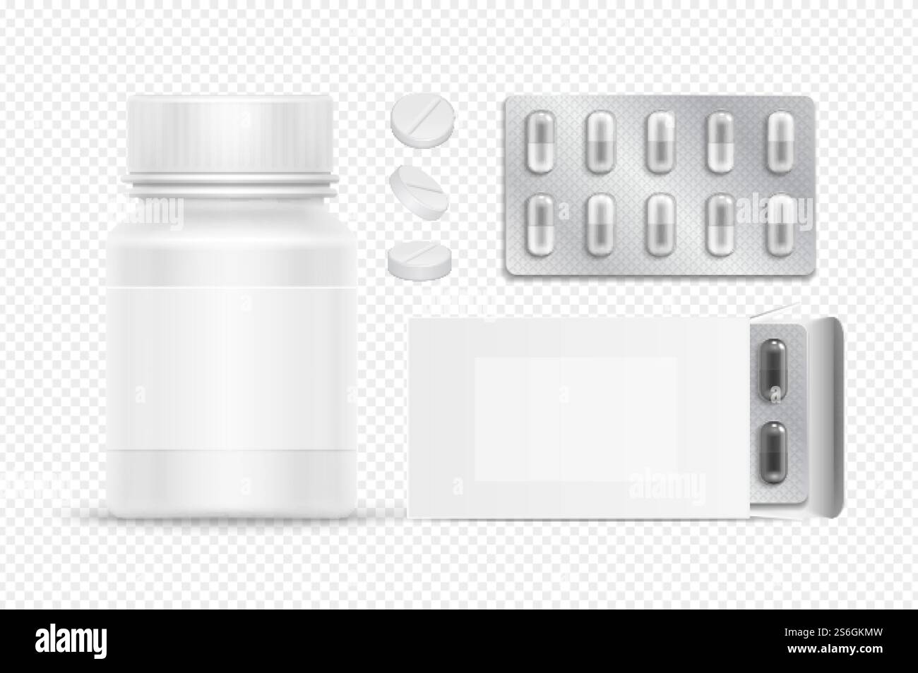 Medical packs. White pills plastic bottle and cardboard box. Realistic ...