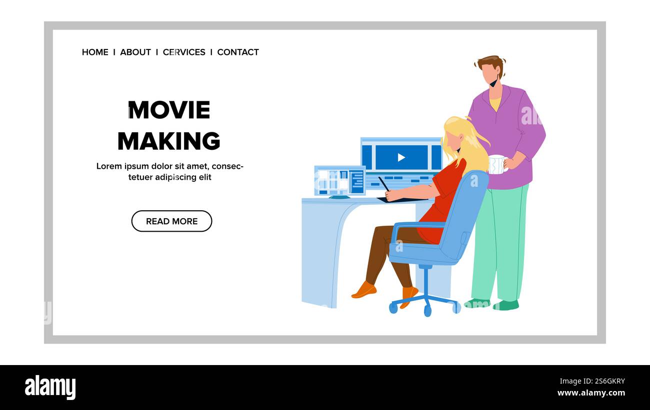 Movie Making Editor Team Couple On Computer Vector. Young Man And Woman ...