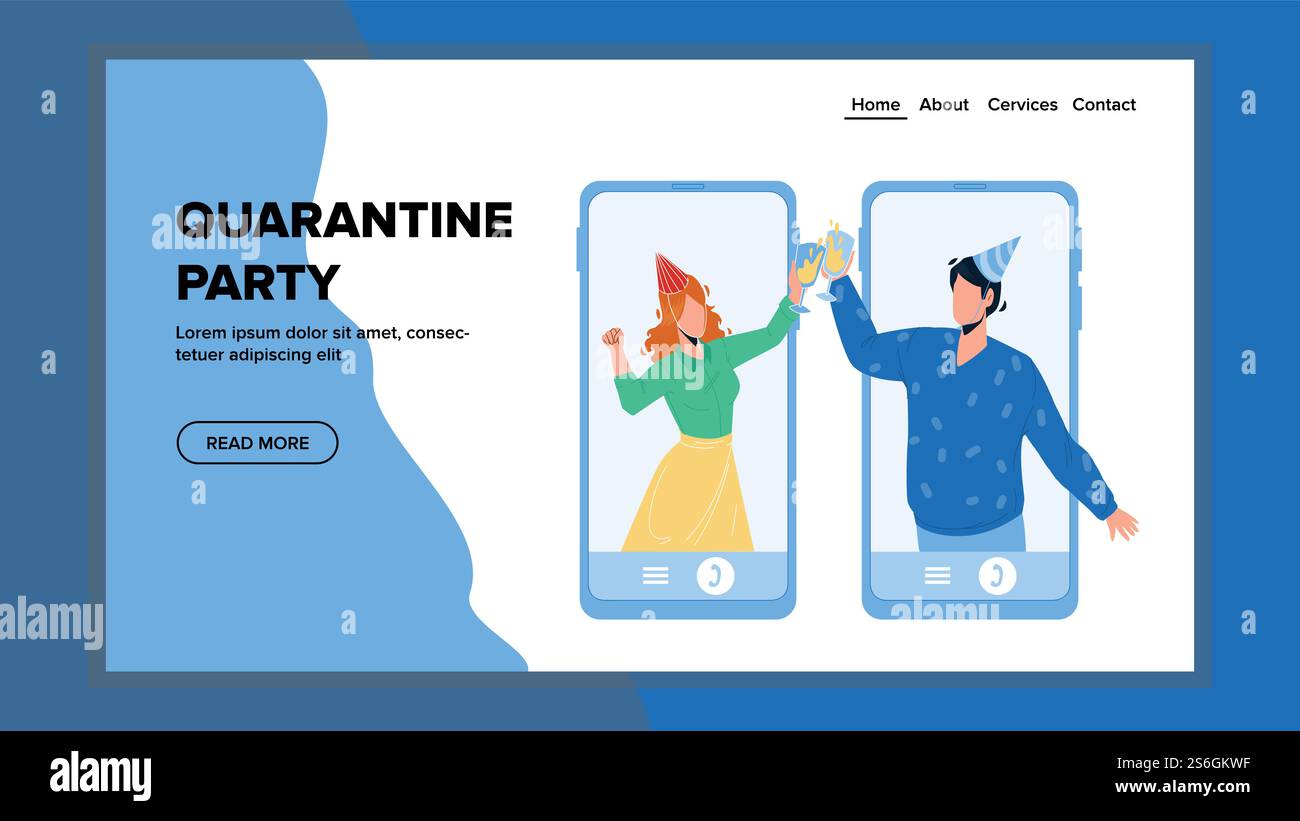 Quarantine Party Celebration With Friends Vector. Online Quarantine ...