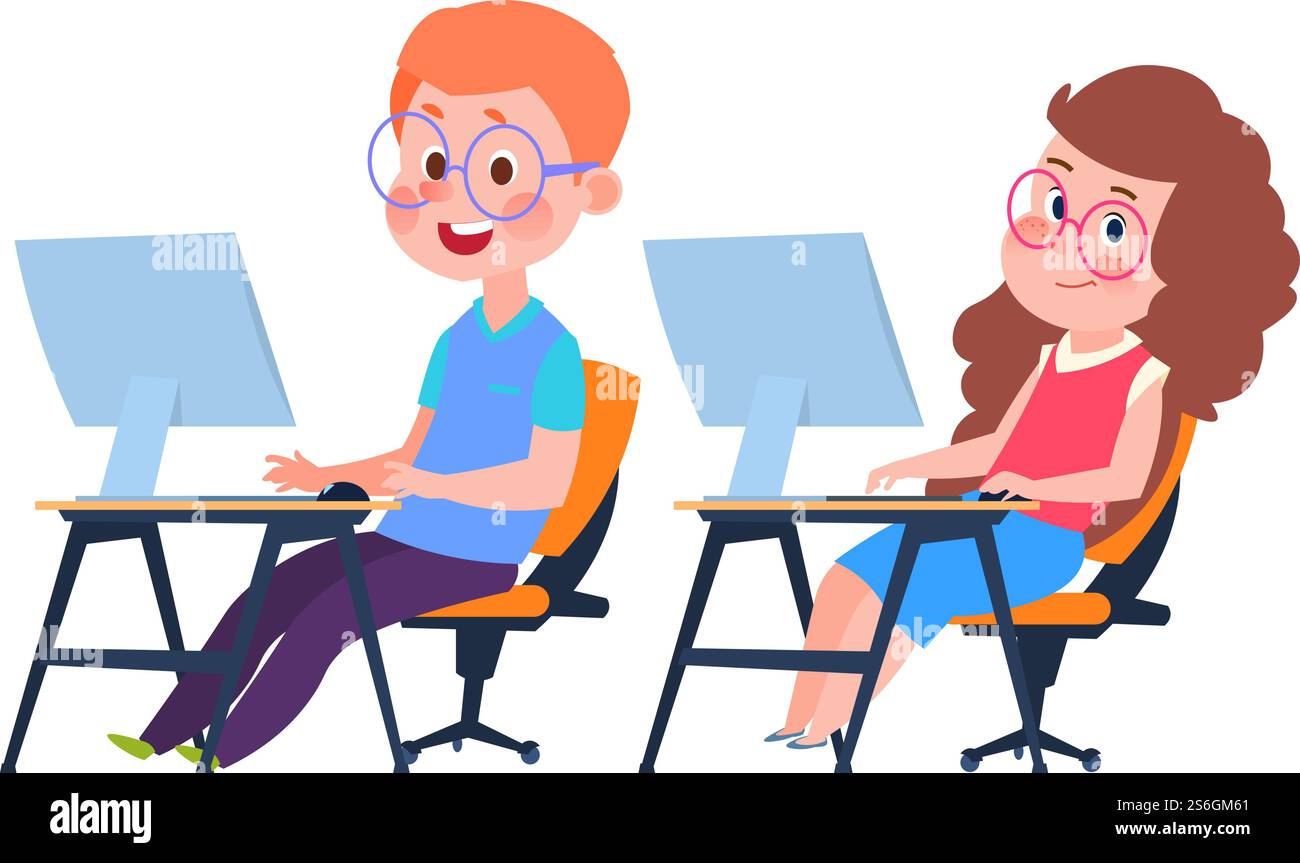Children and computer science. Informatics lesson, cartoon boy girl at ...