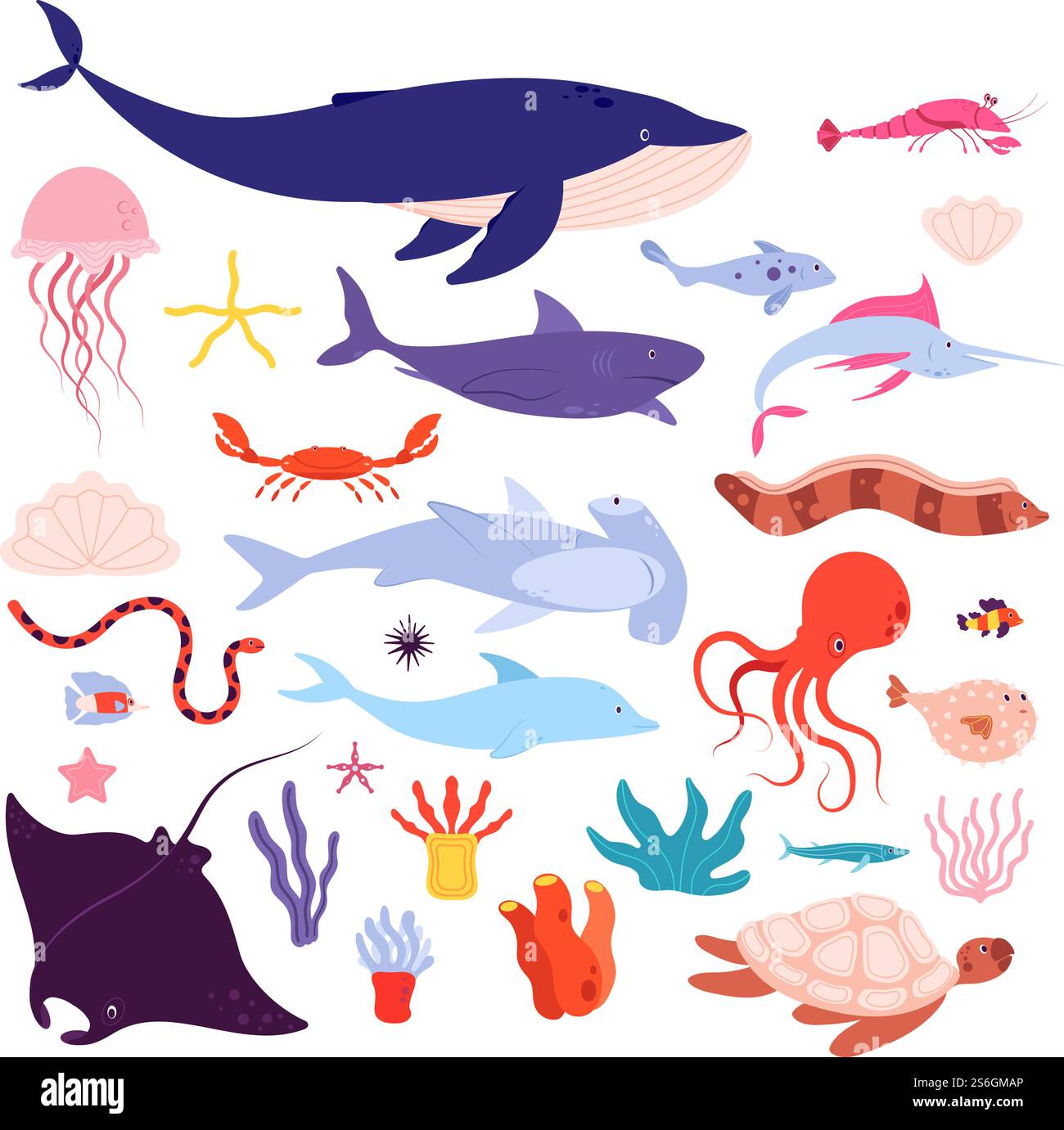 Underwater fish and animals. Cute sea animal, dolphin and jellyfish ...