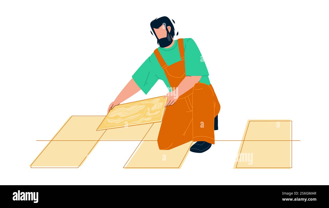 Tiler Man Installing Ceramic Floor Tiles Vector. Tiler Repairman ...