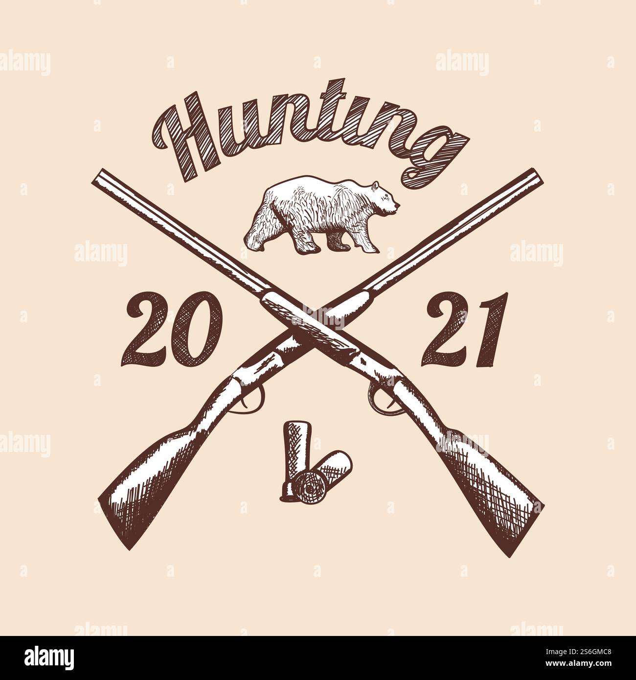 Hunting retro sketch design. Bear silhouette over crossed shotgun and ...