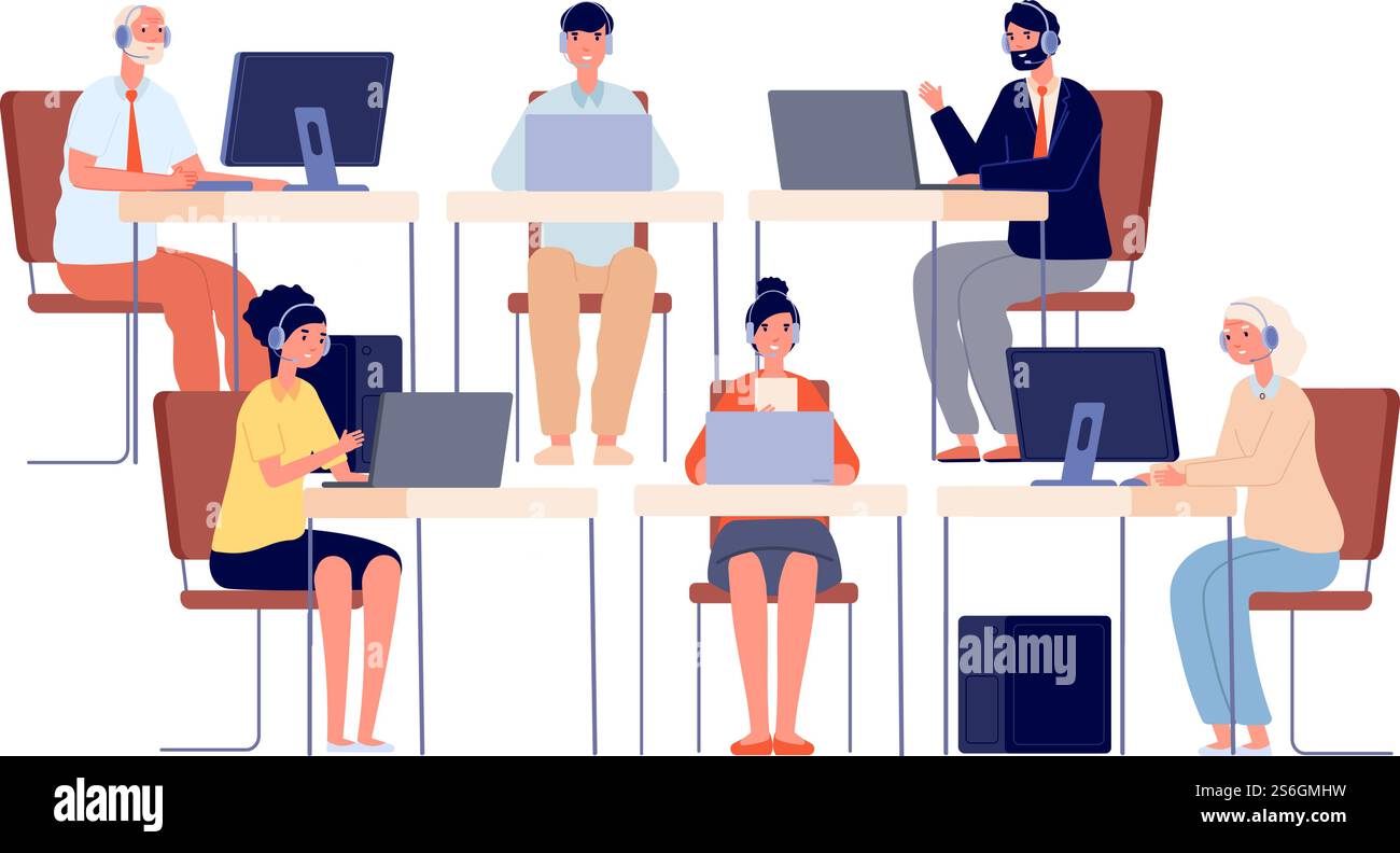 Call center characters. Contact service, smiling telephone agent with ...