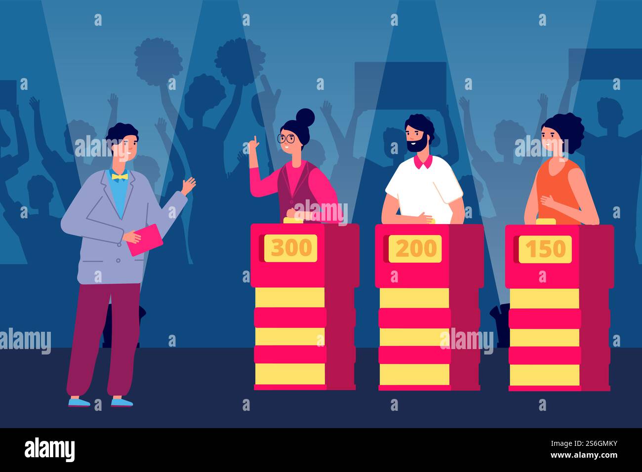 Quiz show. Trivia game, show man and tv gaming participant. Flat ...