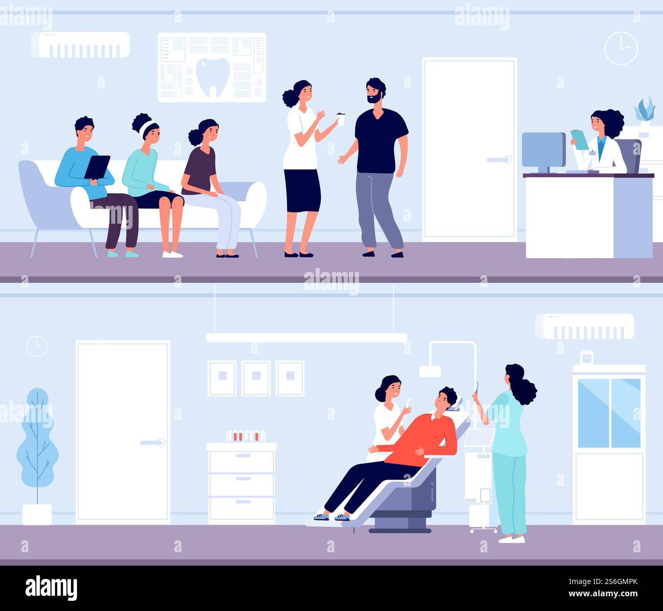 Dentist clinic. Patient queue in dentistry. Teeth health and care ...