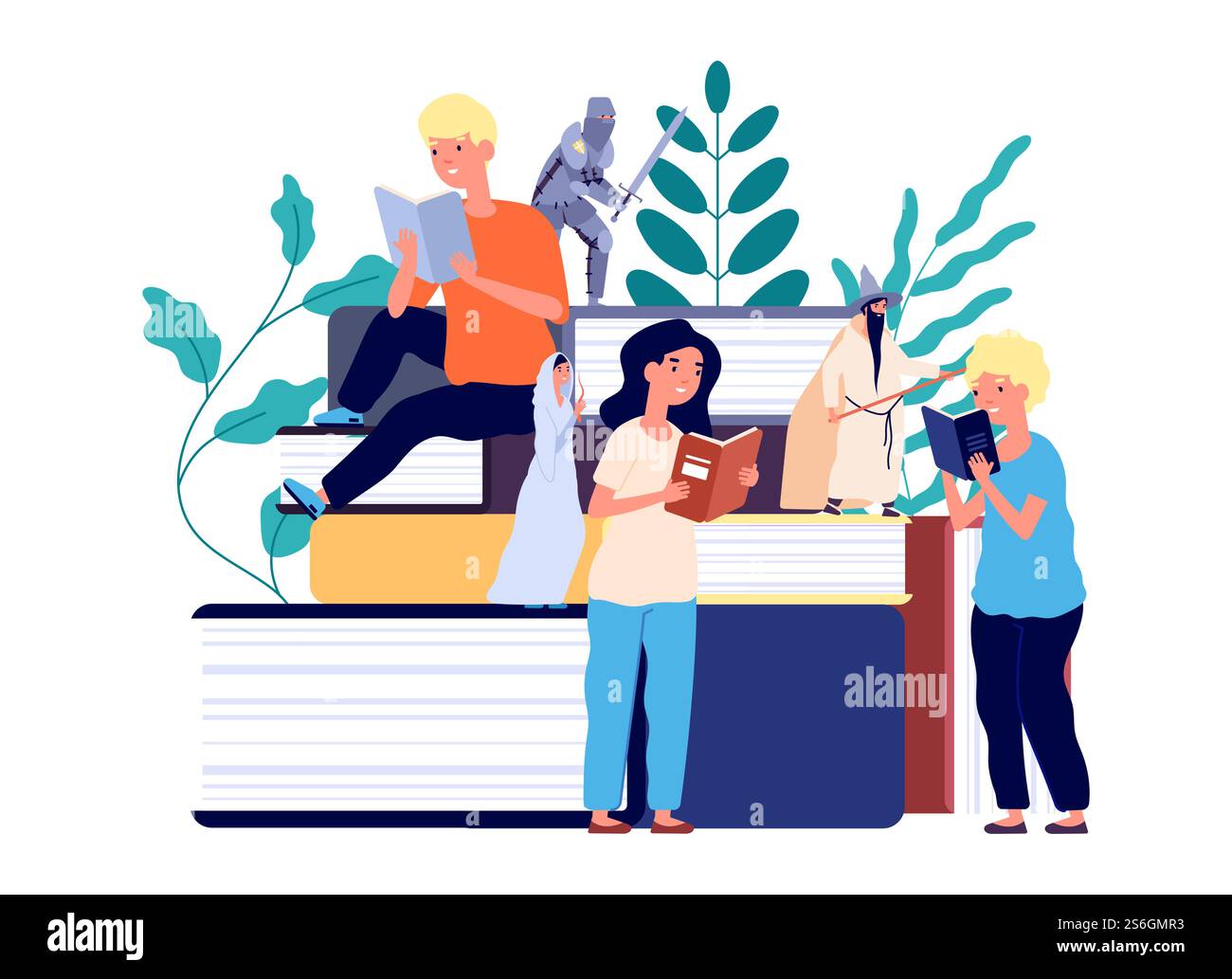 Kids reading fairy tales. Children books and fairy-tale heroes wizard ...