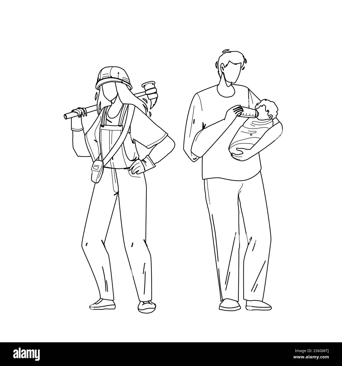Gender Equality Relationship Man And Woman Black Line Pencil Drawing ...