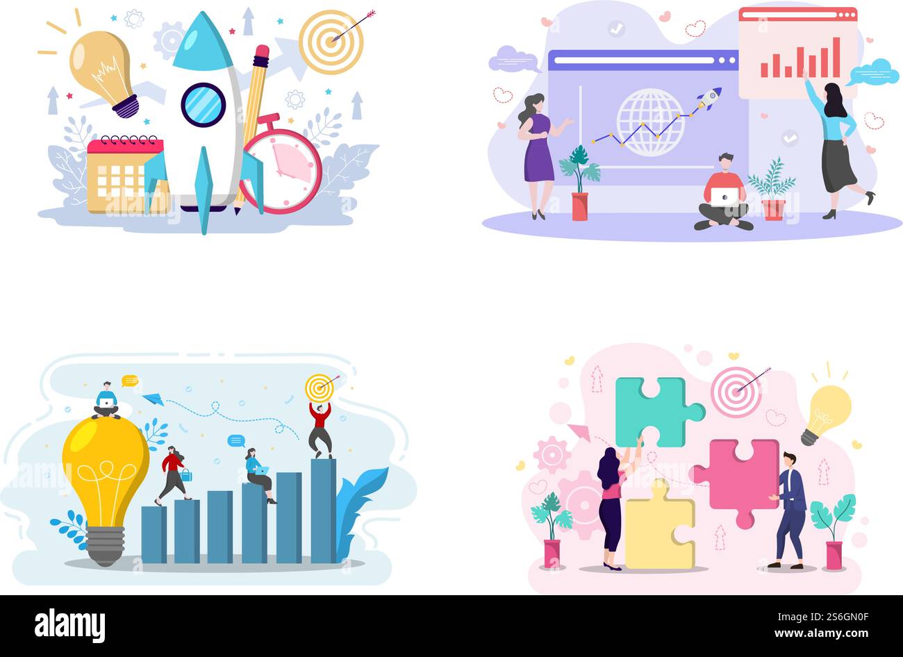 Startup Flat Illustration of Business Development Process, Innovation Product, and Creative Idea ...