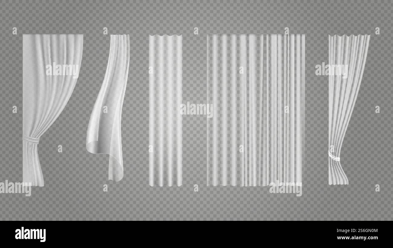 Transparent curtains. Window white silk textile, flying fabric. Light ...