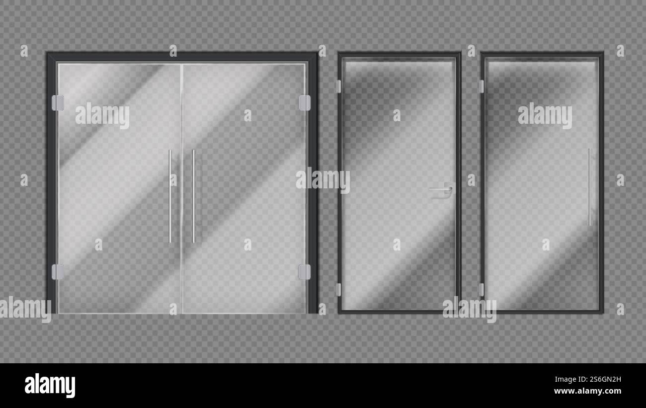 Realistic glass doors. Shopping mall, stores or office building ...