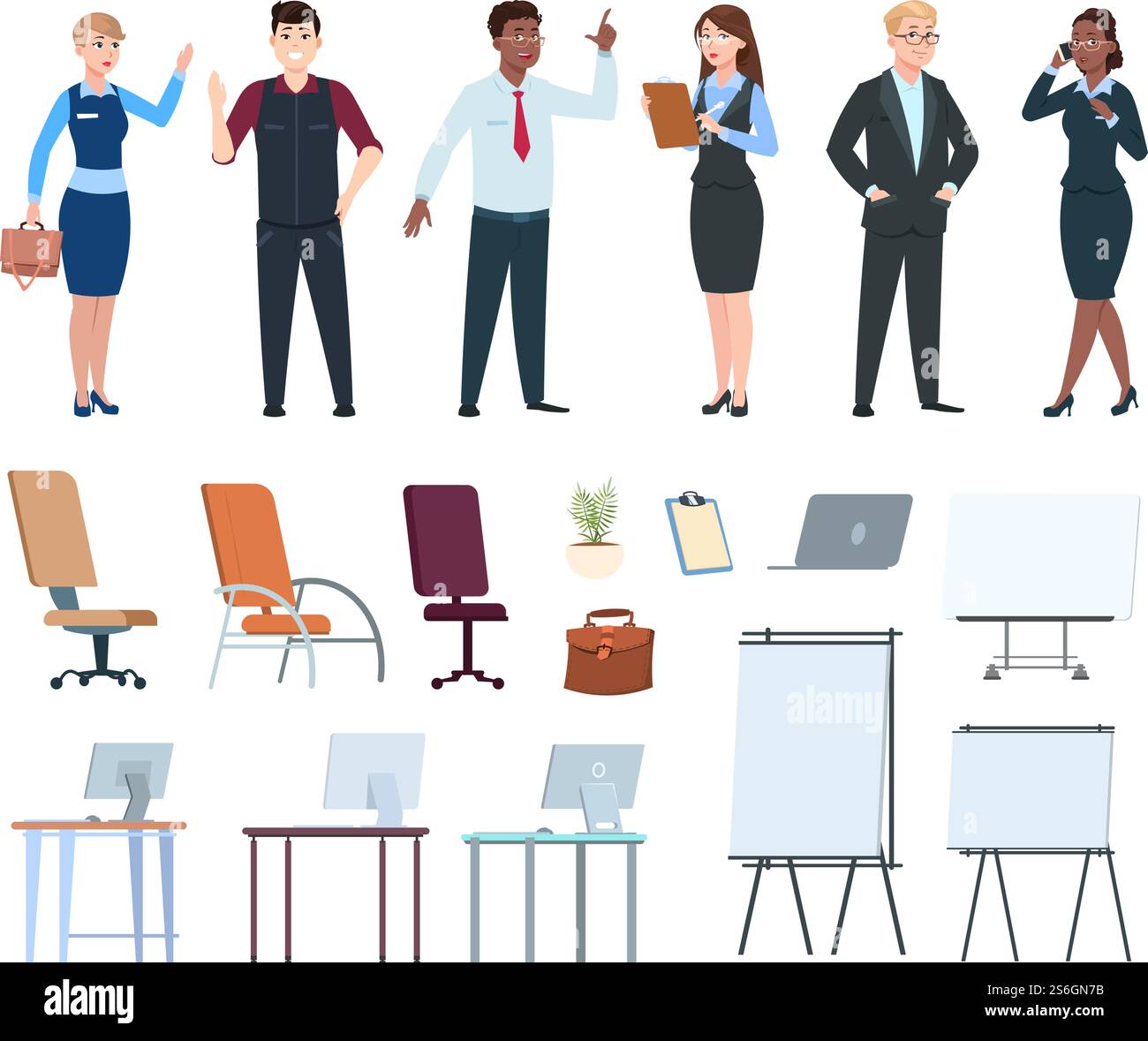 Corporate people. Office interior furniture, multimedia boards chairs ...