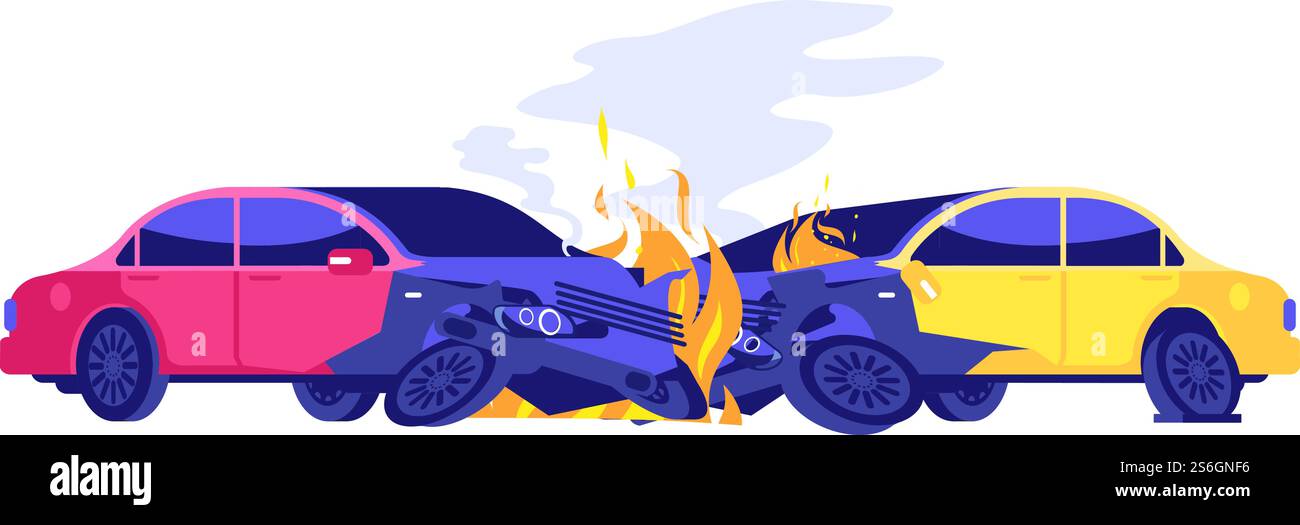 Car crash. Automobiles in fire. Isolated damaged transport, broken ...