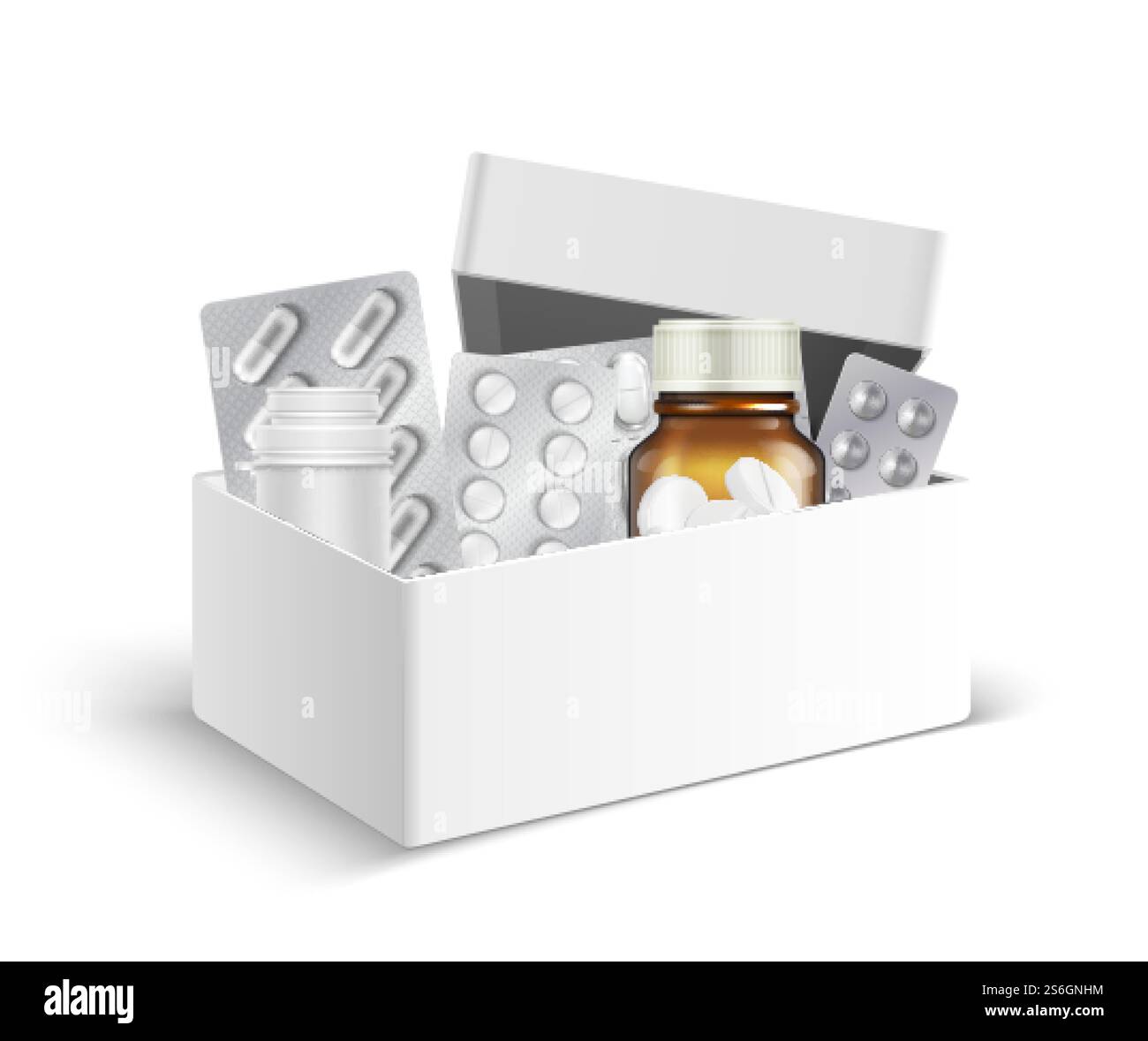 First aid home box. Medical bottles and pills blisters. Realistic packs ...