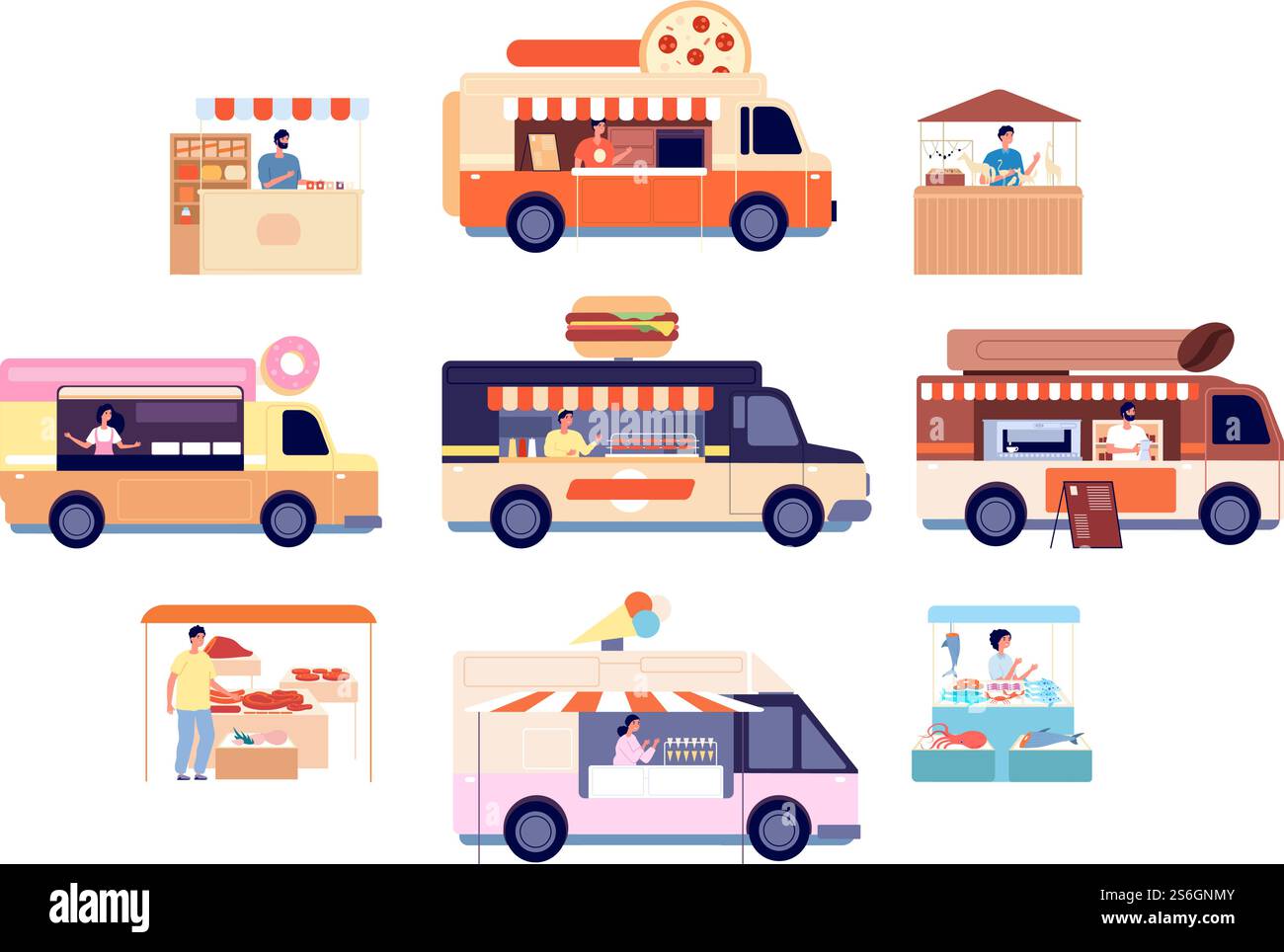 Food truck. Tasty snacks transport, isolated street vans with drinks ...