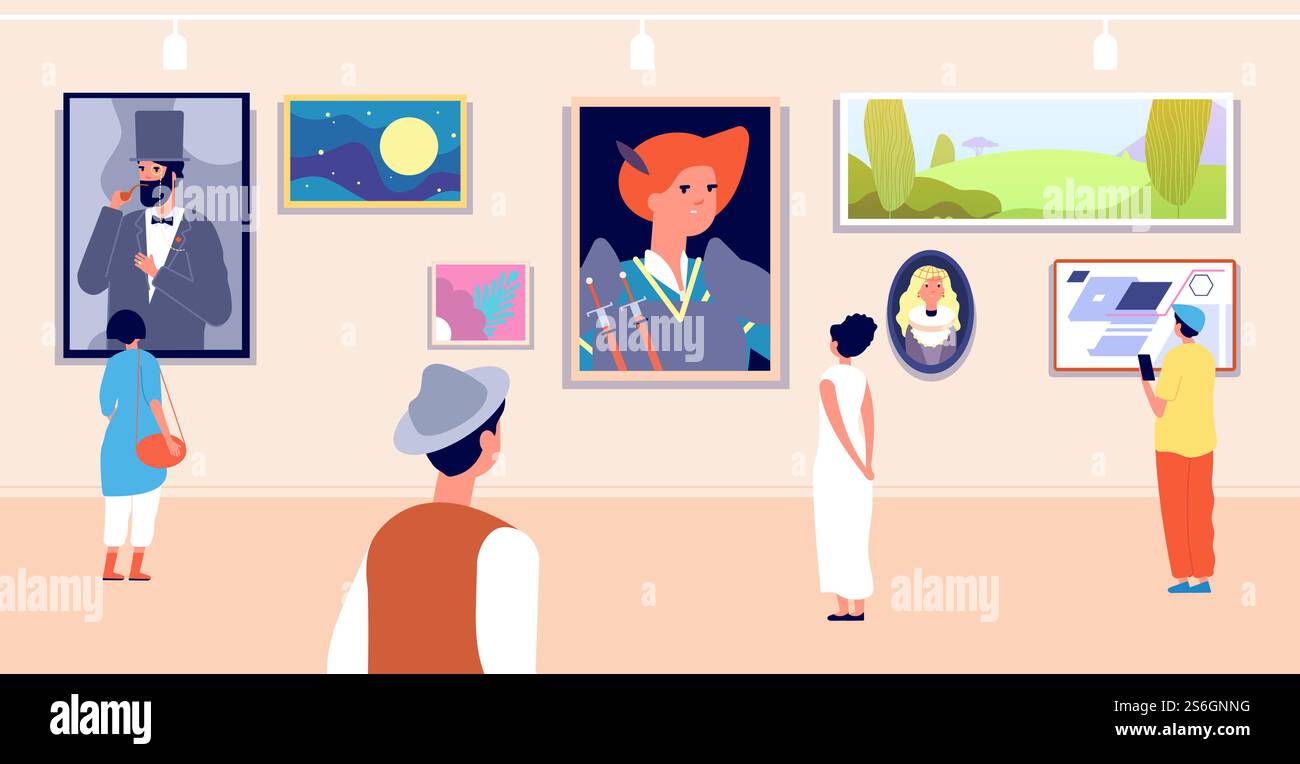 Art gallery. Artistic museum painting exhibition tour. Artist paintings ...