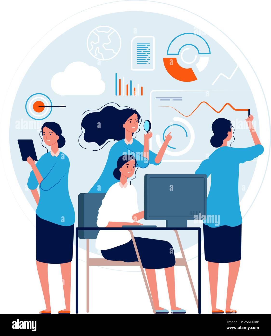 Woman multitask. Business lady action poses making many projects tasks ...