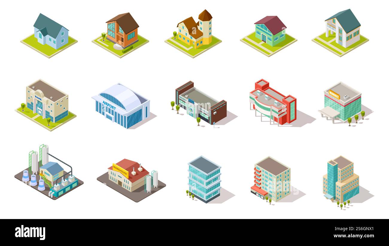 Isometric buildings. City urban infrastructure, residential, industrial ...